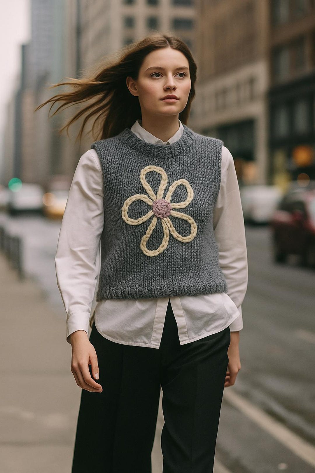 Handmade Chunky Knit Vest With Embroidered Flower | Alpaca Wool Blend ...