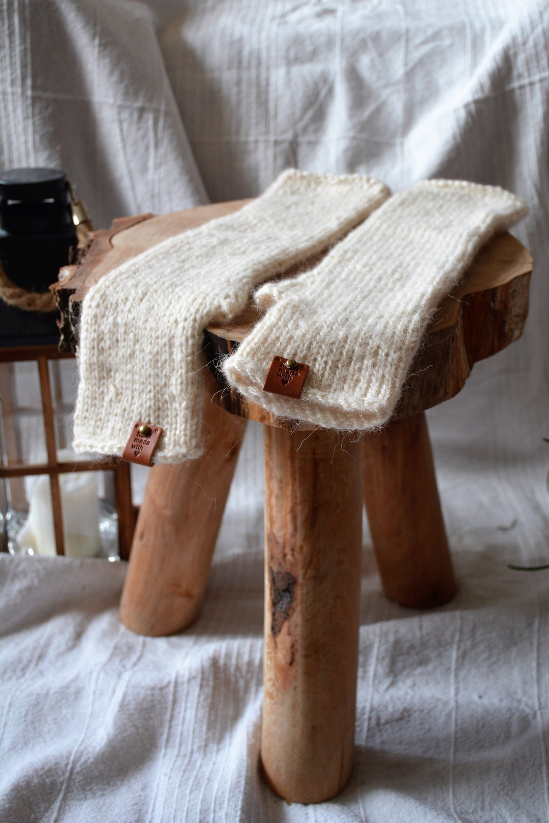 Hand Knitted Fingerless Mittens Ivory Wool Gloves Long - Etsy
