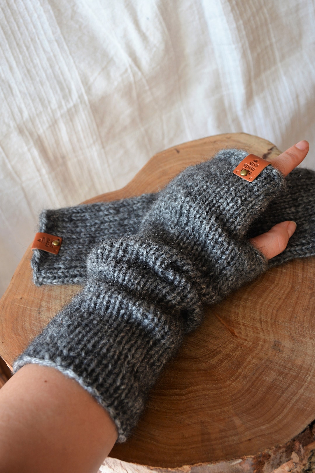 Hand Knitted Fingerless Mittens, Dark Grey Wool Gloves, Long Fingerless ...