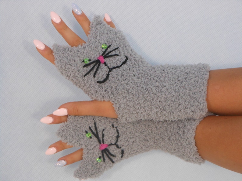Crocheted Fingerless Mittens Gloves Grey Cats Handmade Gloves | Etsy