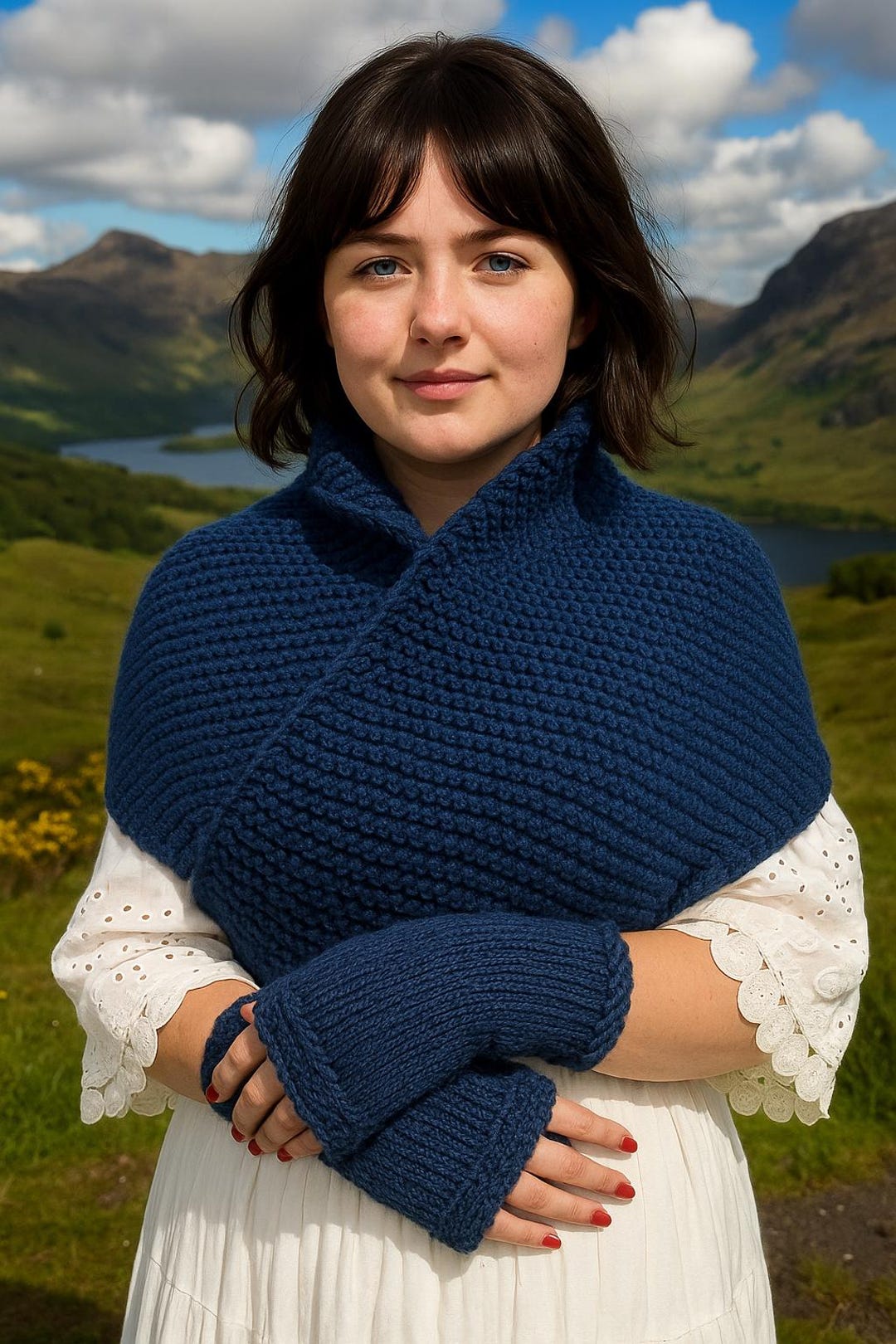 Handmade Outlander Inspired Knit Shawl and Fingerless Gloves Set: Deep ...