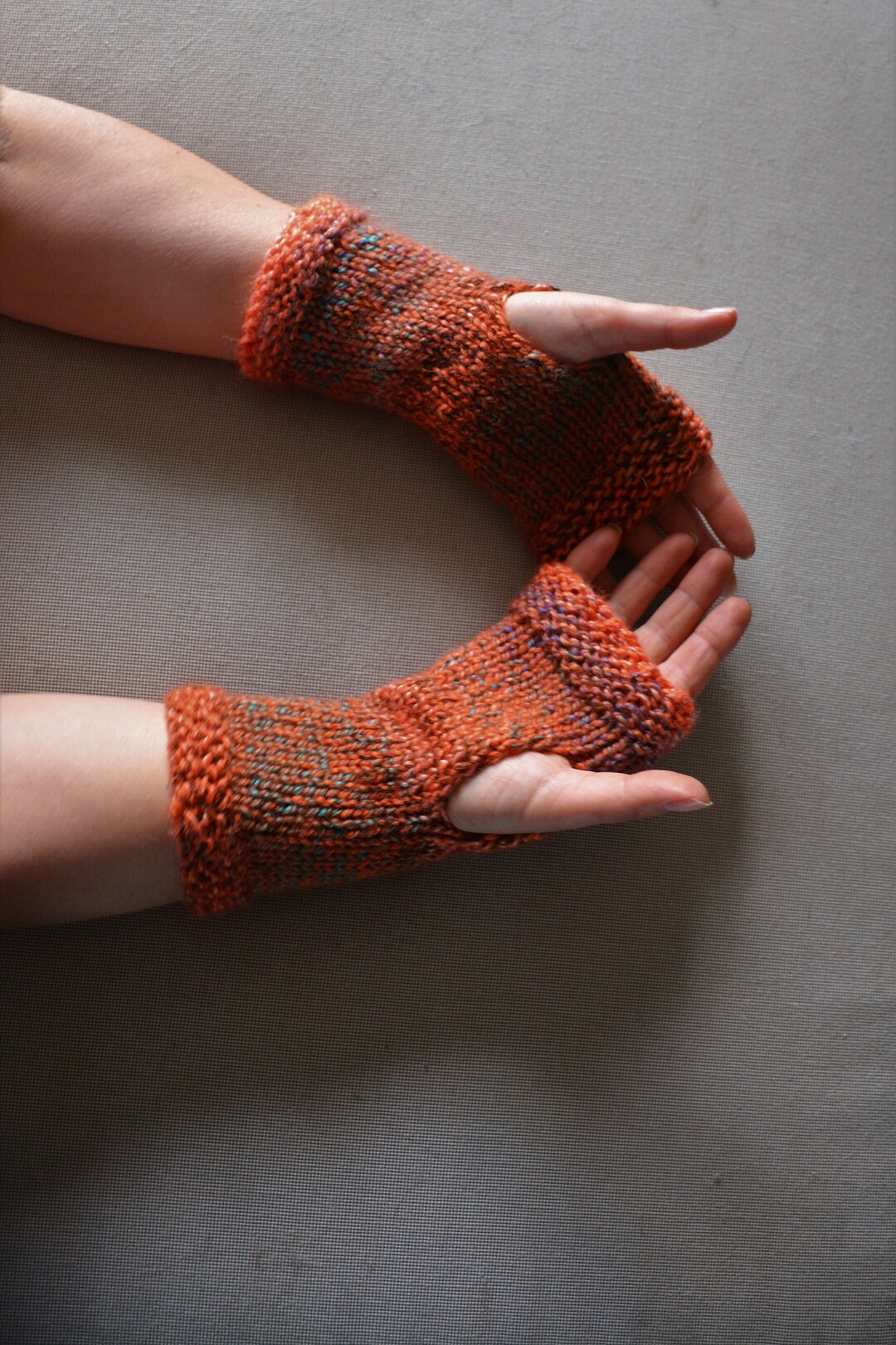 Hand Knitted Fingerless Mittens Wool Gloves Orange Colors - Etsy
