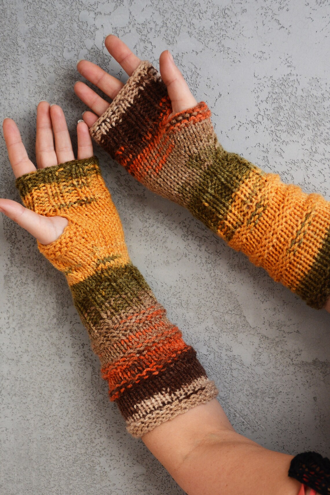 Hand Knitted Fingerless Mittens Wool Gloves Green Blue Yellow Colors ...
