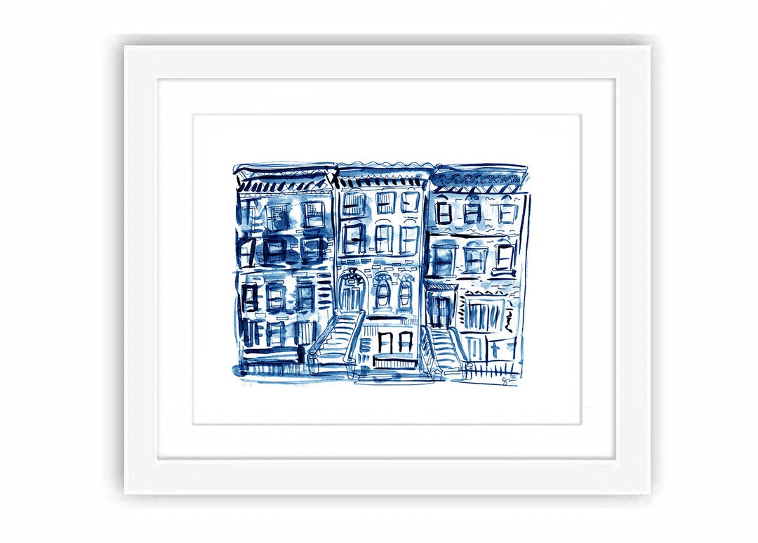 Blue Brownstones in Brooklyn Print and Framed Watercolor New York City ...