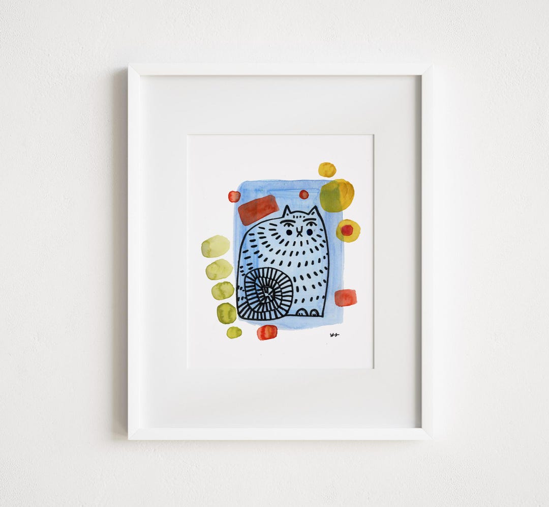 Mid-century Inspired Folk Art Grump Cat - Print & Framed - Etsy
