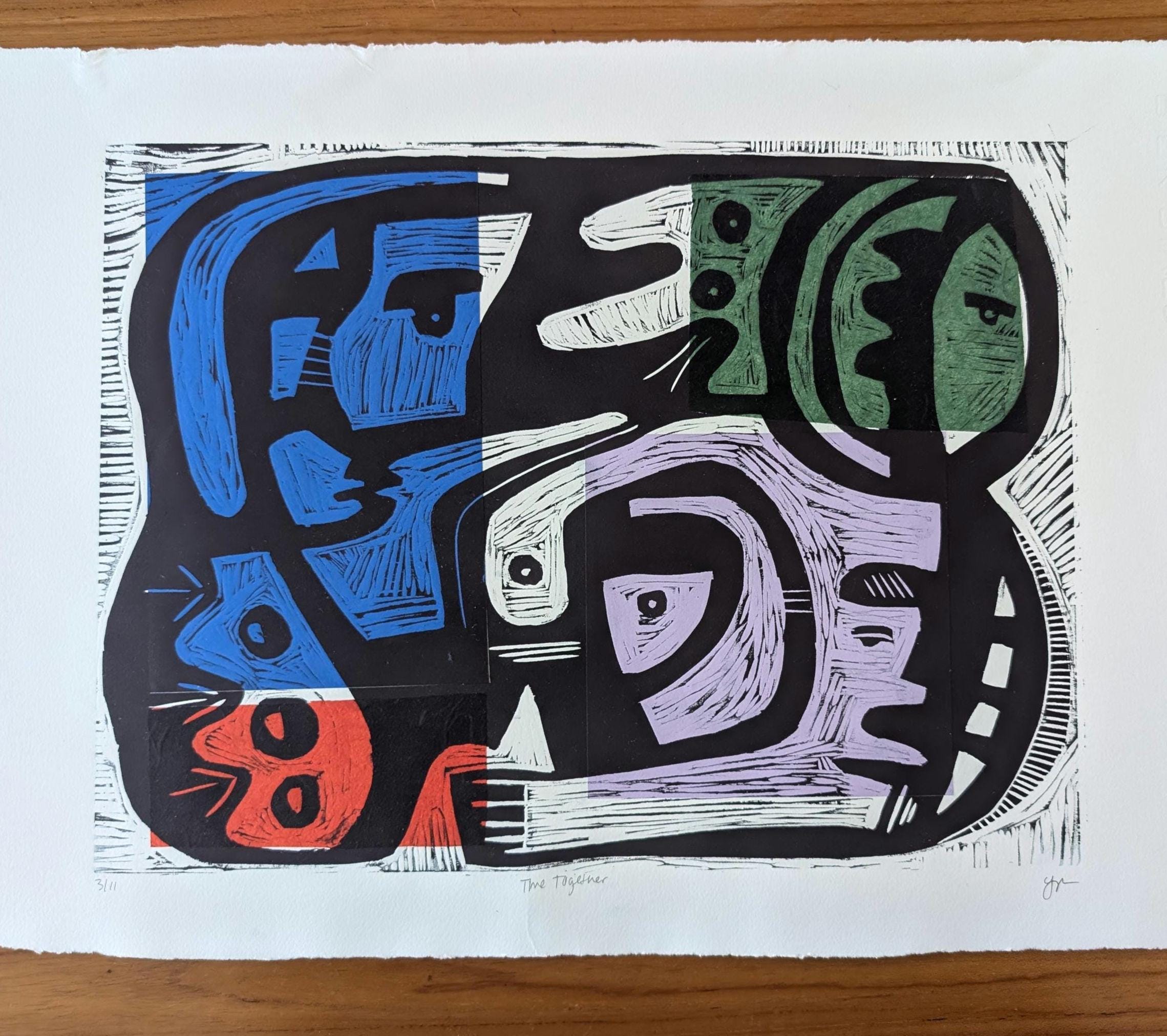 Framed Original Woodcut in Black Ink With Chine Collé Time Together 3/ ...