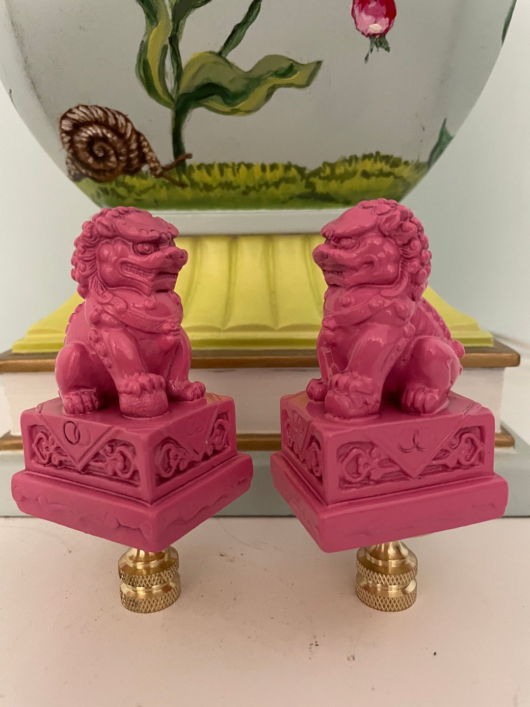 Pink Foo Dog Chinoiserie Lamp Finials Asian Decorative Lighting ...