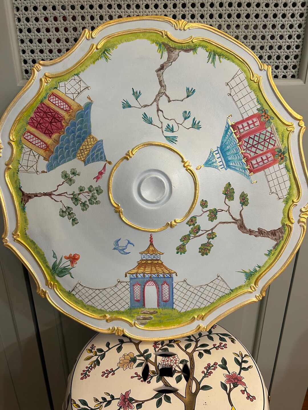 Chinoiserie Pagodas Hand Painted Ceiling Medallion for Chandeliers and ...