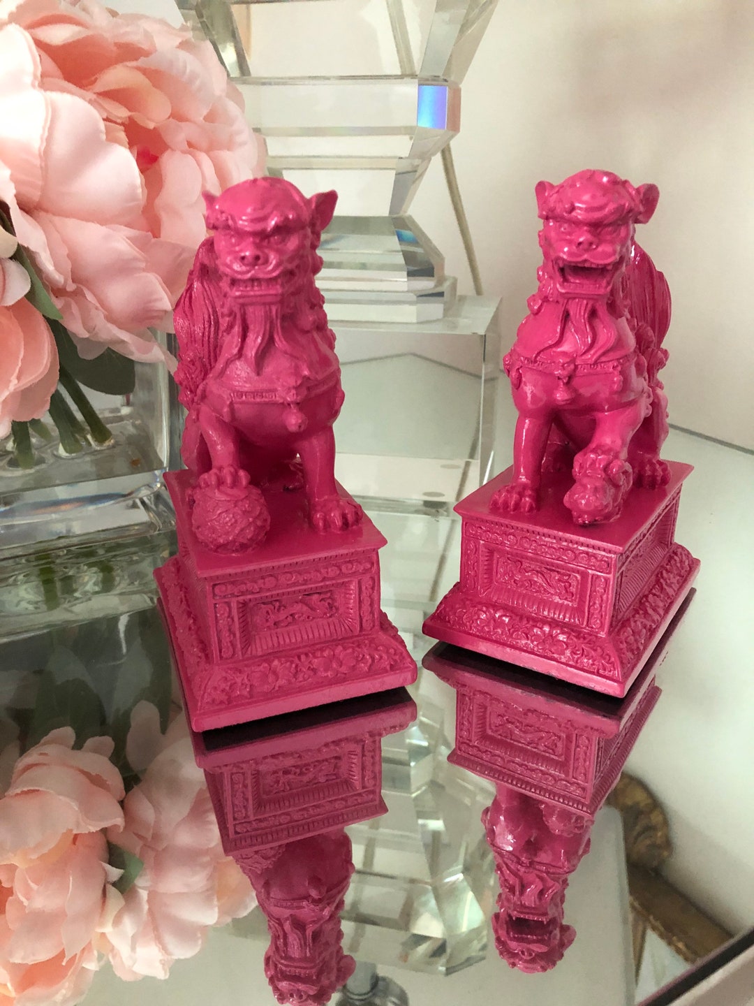 Pink Fu Dog Foo Dog Chinoiserie Statues A Pair Asian Home Decor ...