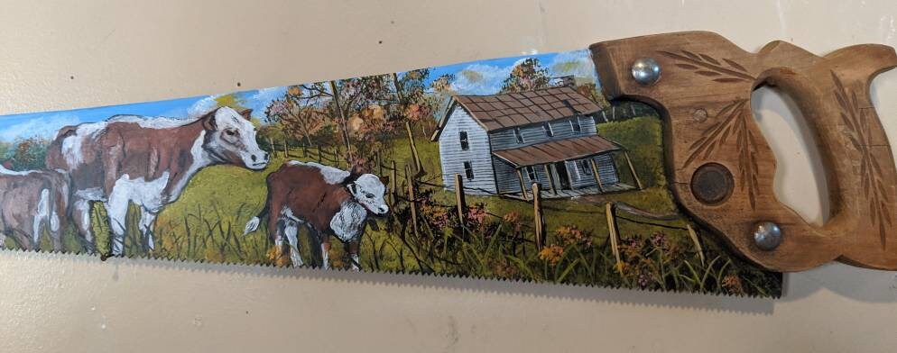 Painting on Old Handsaw From the Past With Old Farmhouse and - Etsy