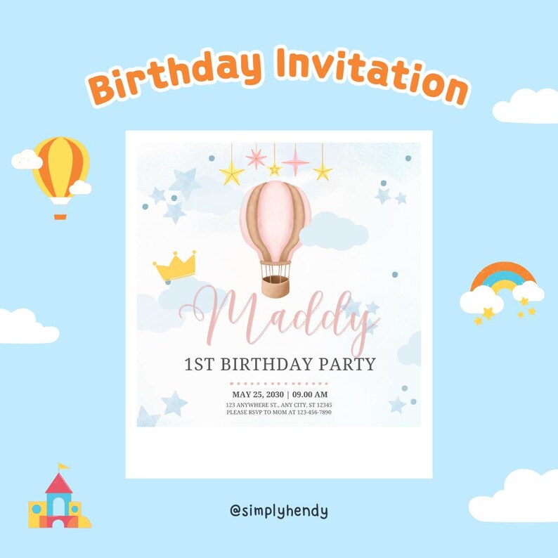 Editable Hot Air Balloon Birthday Invite, Printable Birthday Invitation ...