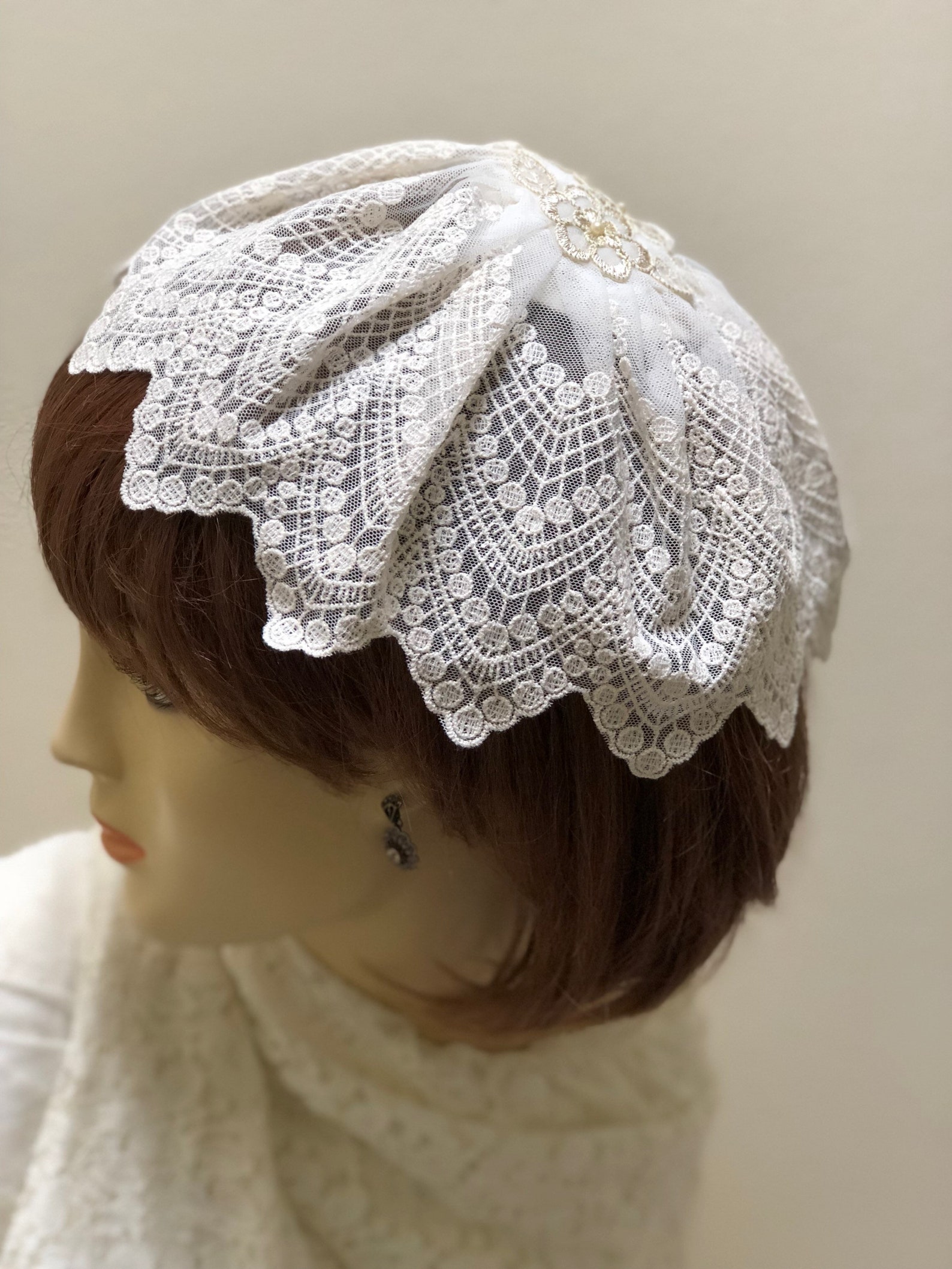 Ivory Lace Chapel Cap Women's Lace Head Covering | Etsy