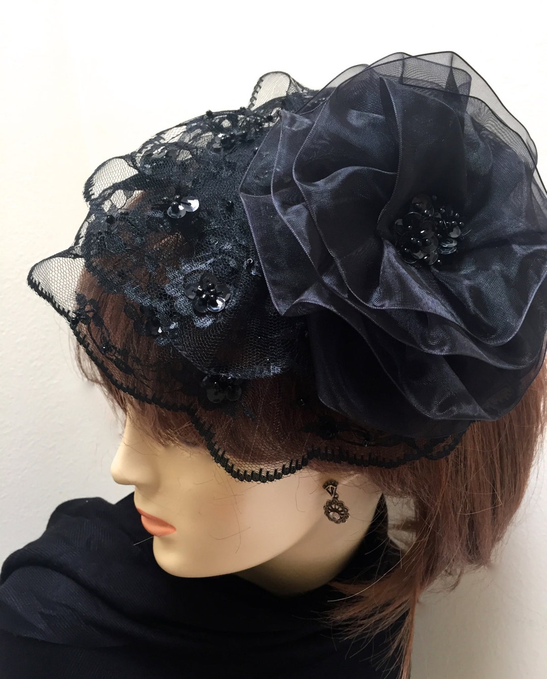 Black Lace Fascinator Hat: Beaded Ascot Hat With Organza Flower - Etsy