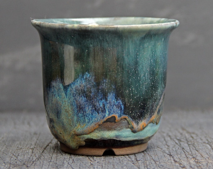 Handmade Ceramic Bonsai Pot, Unique Artistic Glazed Brown Green Yellow ...