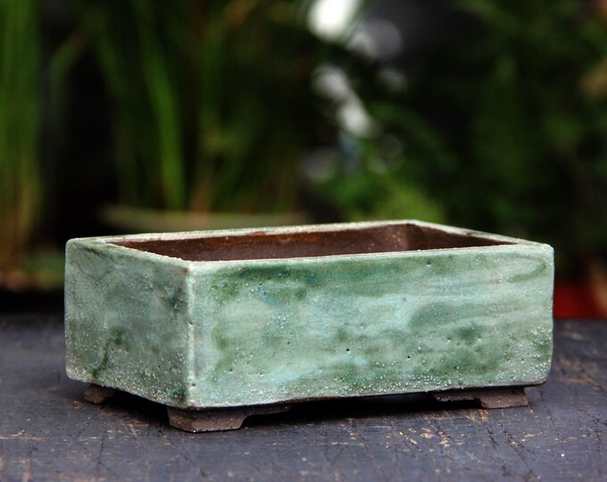 Handmade Ceramic Bonsai Pot, Rectangular Green Glazed Miniature Bonsai ...