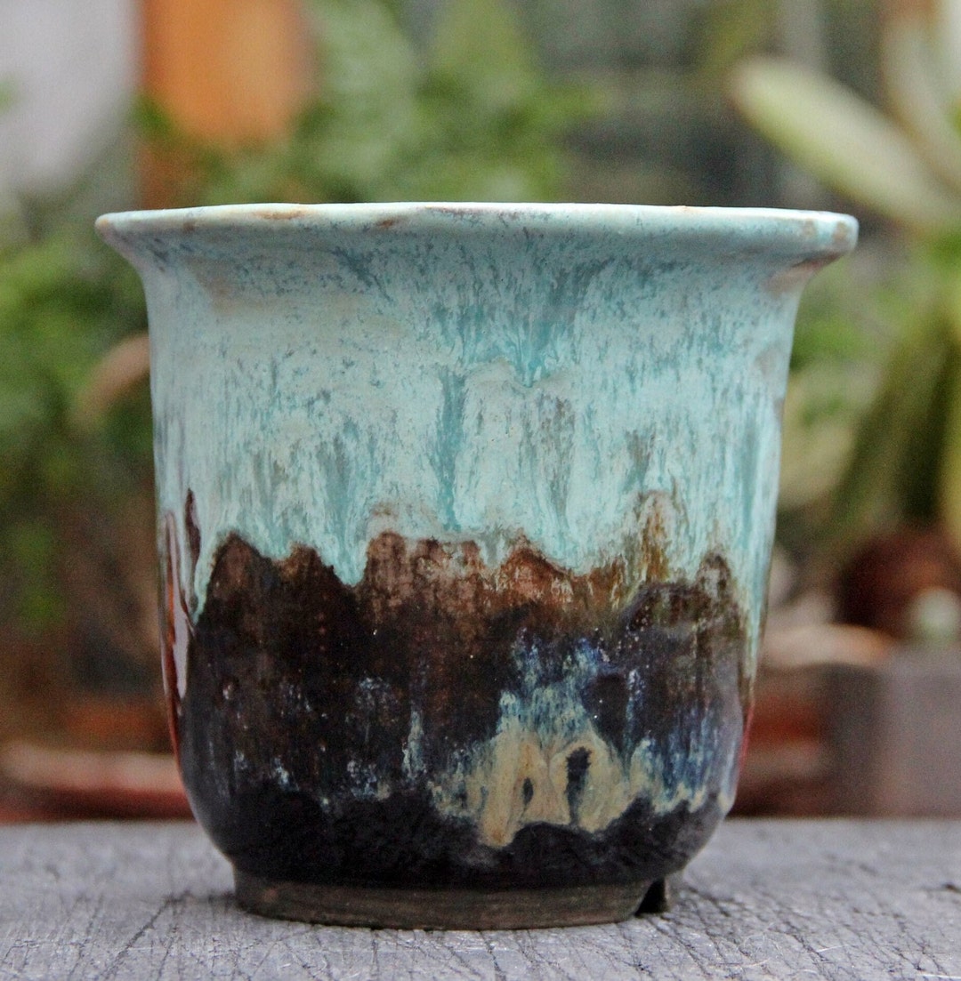 Handmade Ceramic Bonsai Pot, Unique Artistic Glazed Green Brown Round ...