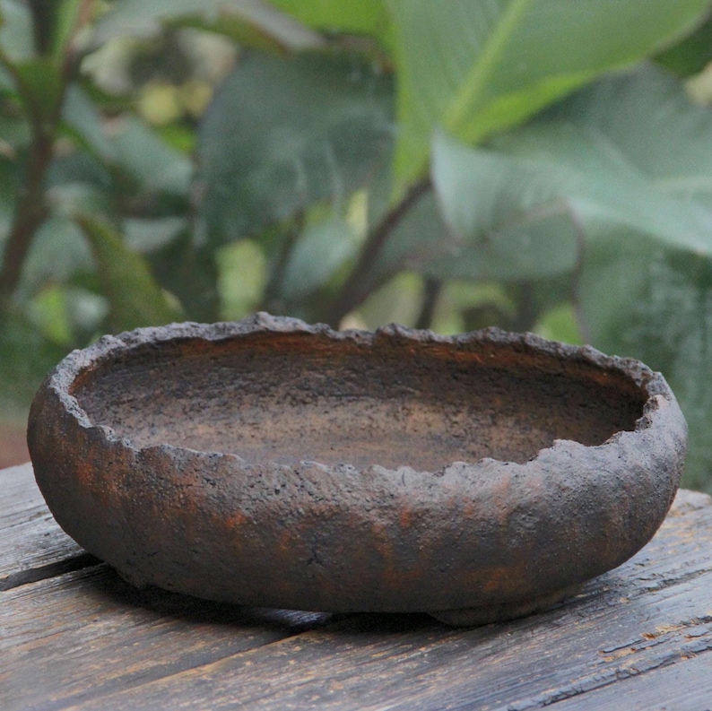Rustic 10 Inch Round Brown Black Clay Bonsai Pot: Bowl Formed Footed ...