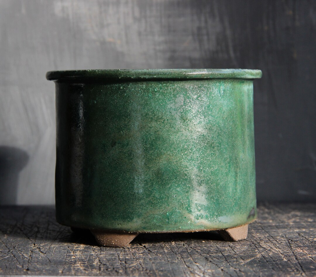 Handmade Ceramic Bonsai Pot, Semi Cascade Pot, Green Round Bonsai Tree ...