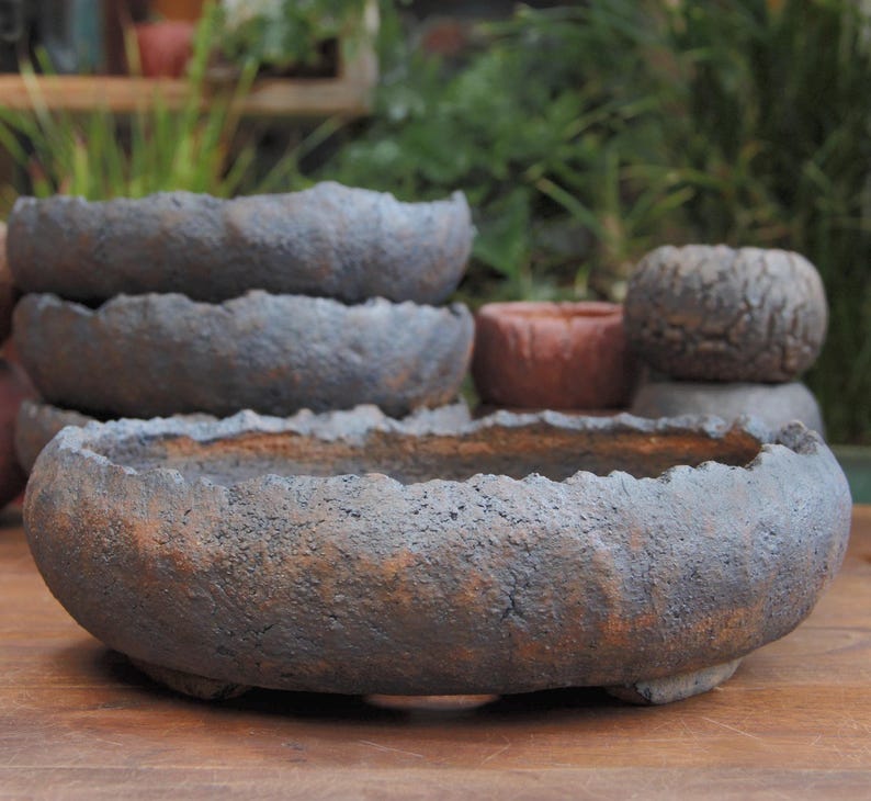 Rustic 10 Inch Round Brown Black Clay Bonsai Pot: Bowl Formed Footed ...