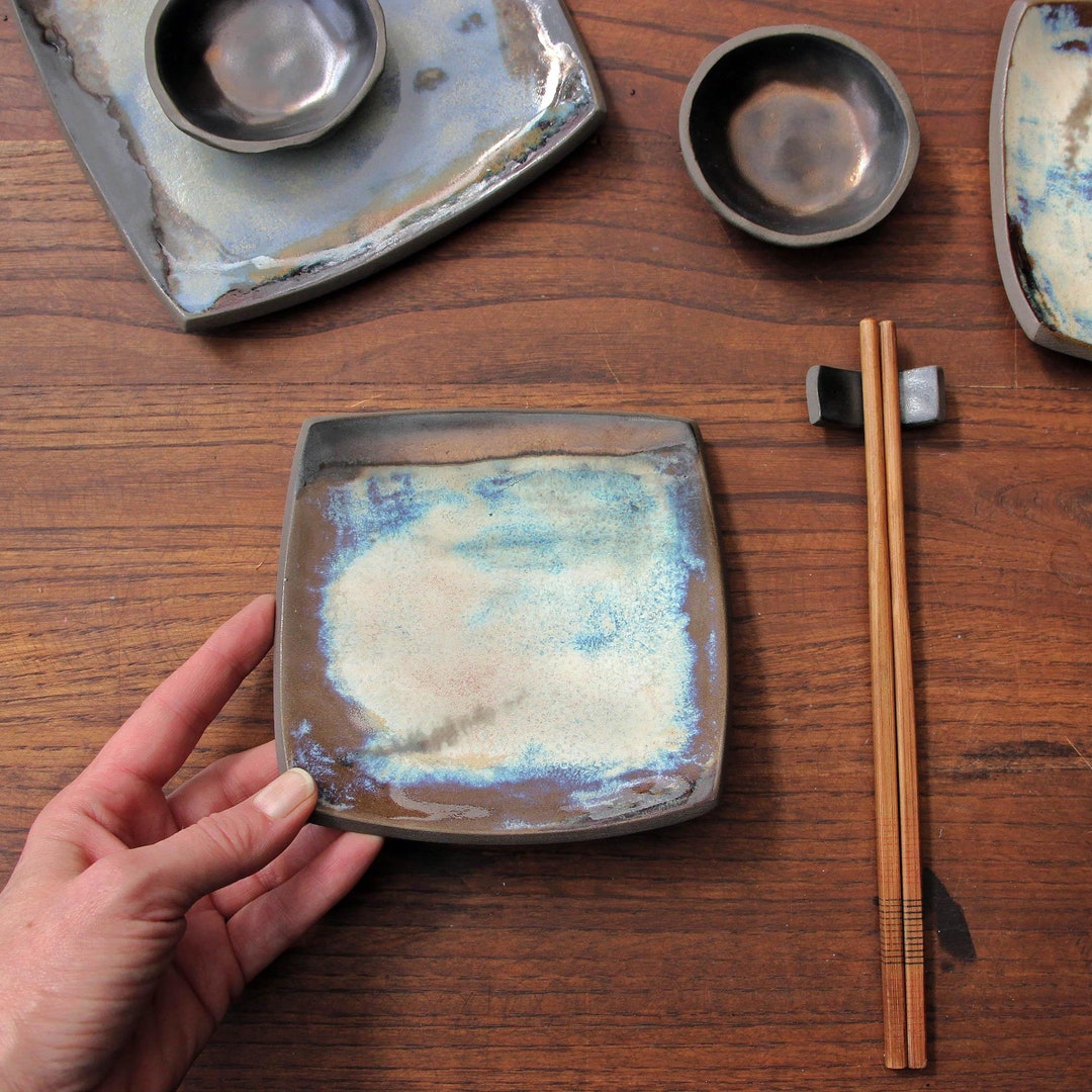 TWO Persons Handmade Square Ceramic Plate Set, Sushi Platter Plates ...