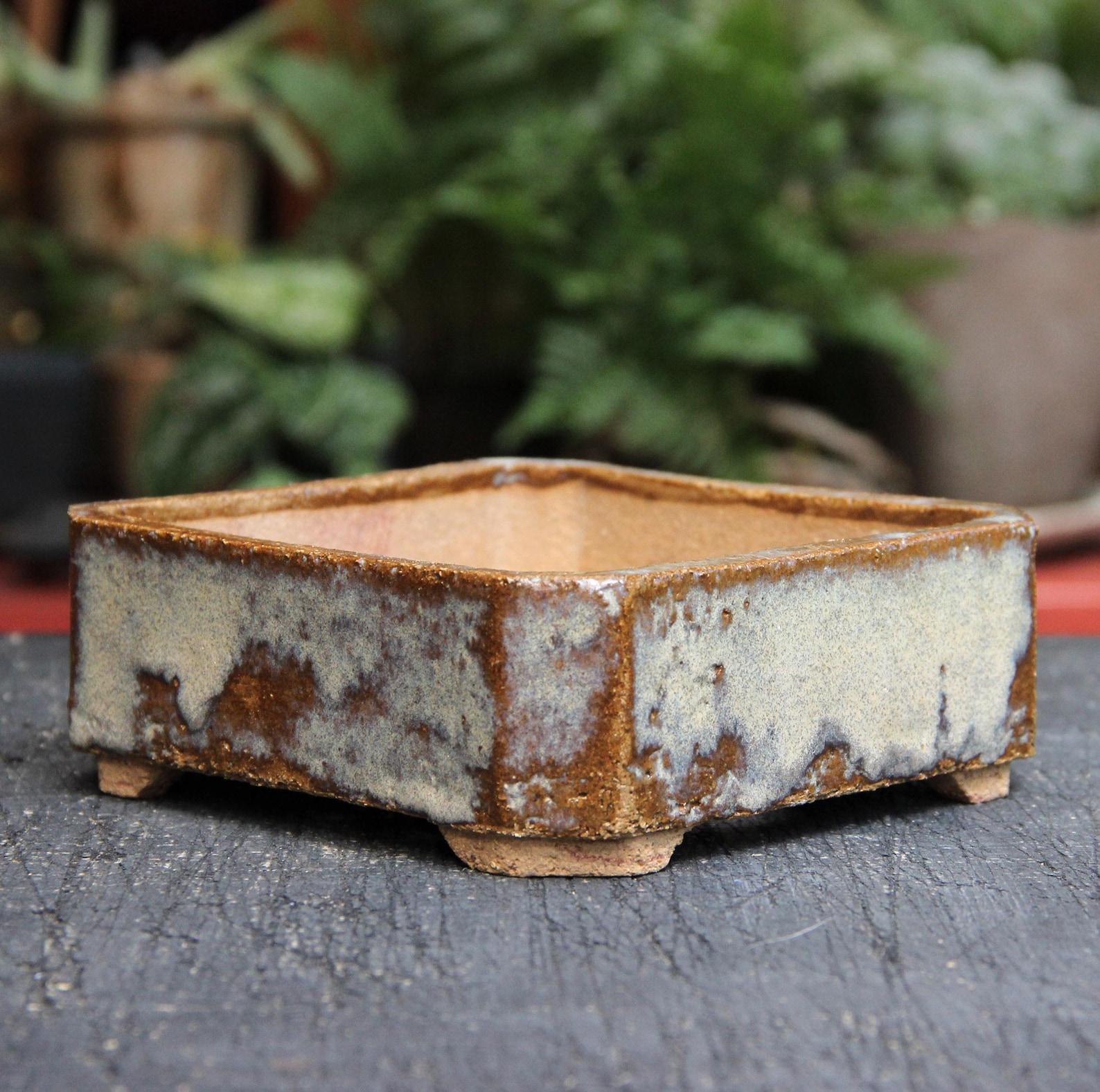 Bonsai Pot Low Square Ceramic: Rustic Beige Brown Patina Glazed Shallow ...