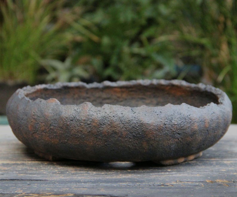 Rustic 10 Inch Round Brown Black Clay Bonsai Pot: Bowl Formed Footed ...