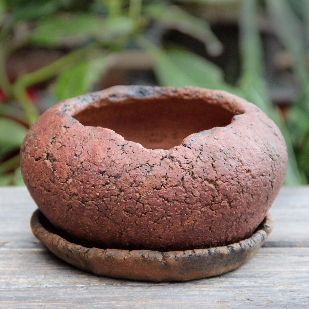 Rustic Red Crackle Ceramic Planter Bowl: Handmade Pottery With Saucer ...
