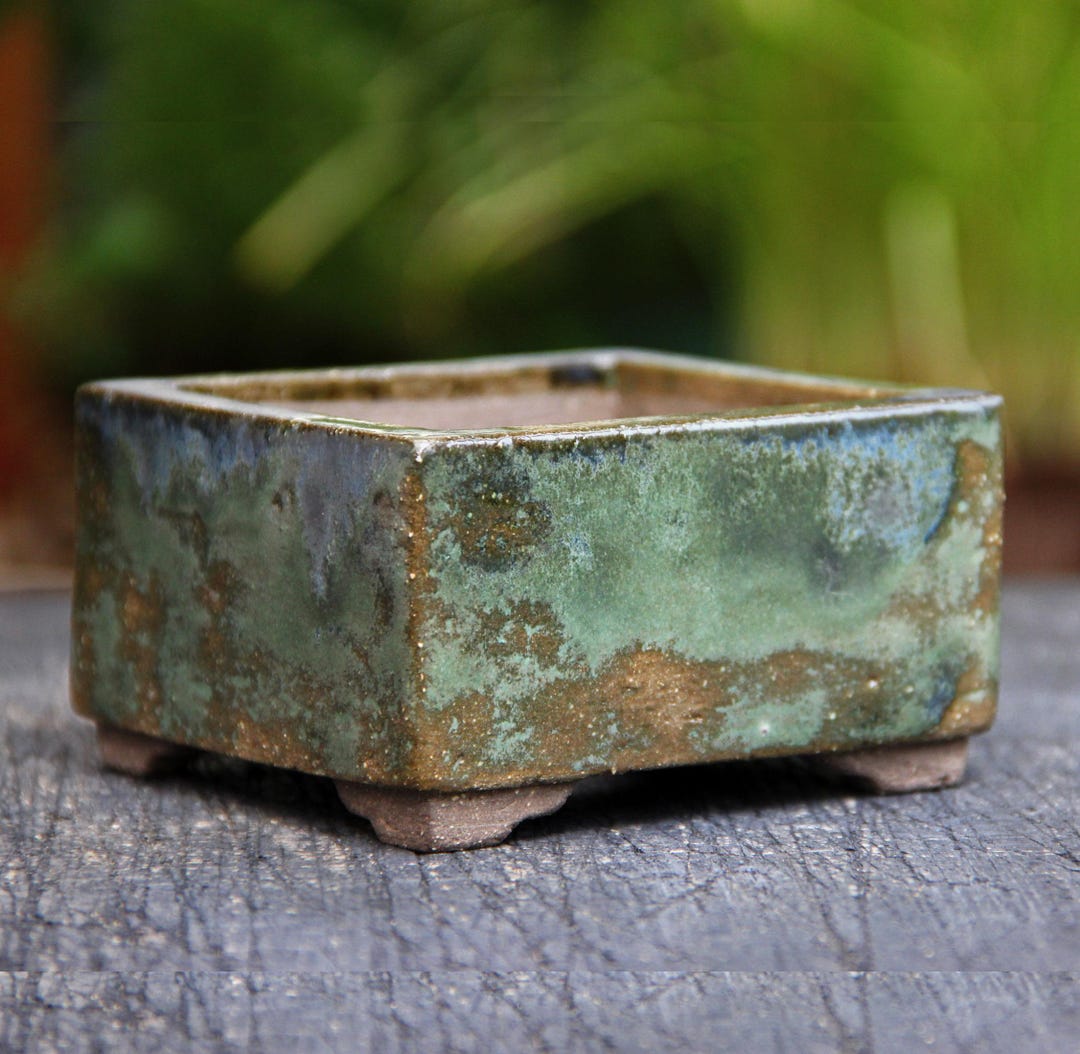 Green Patina Glazed Square Bonsai Pot, Modern Planter Saucer Set - Etsy
