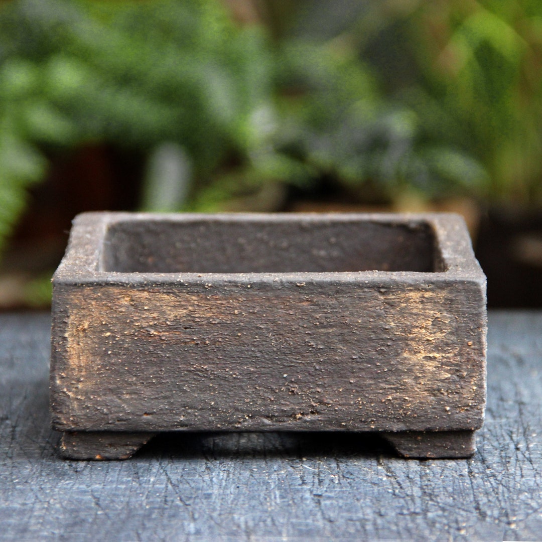 Rustic Patina Dark Brown Clay Square Bonsai Pot, Handmade Ceramic ...
