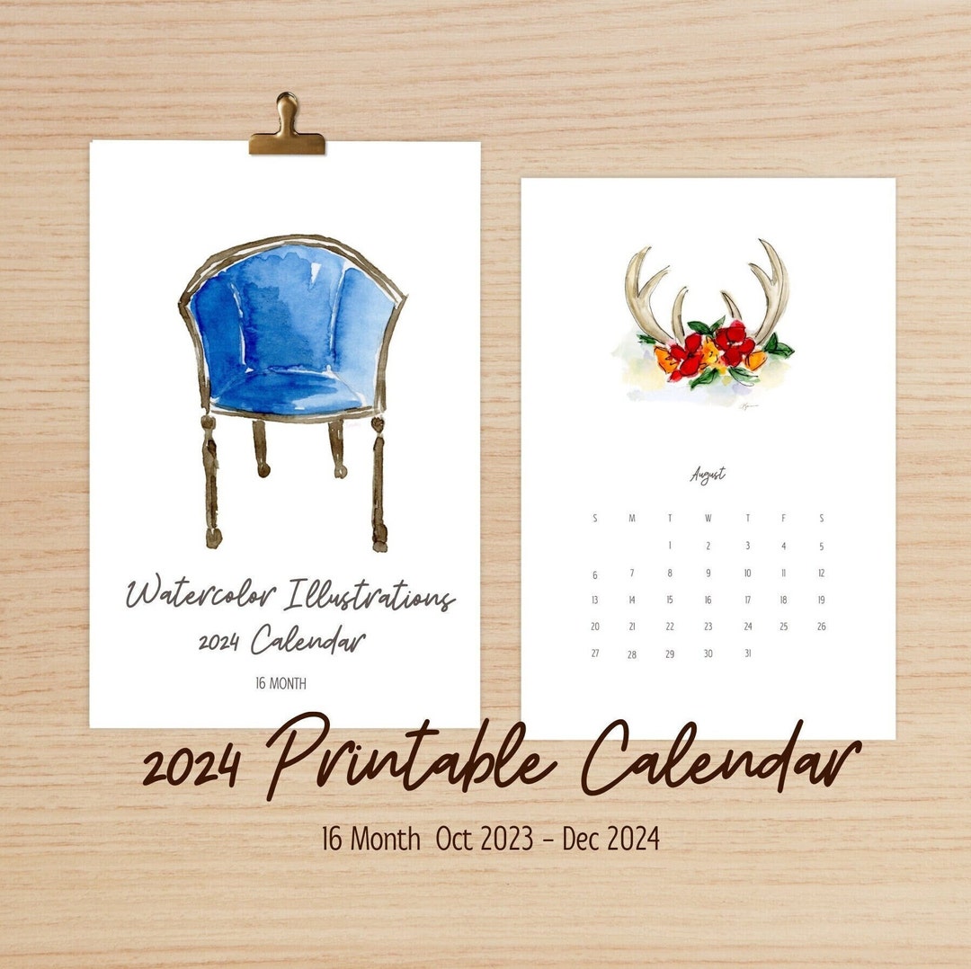 2024 Watercolor Printable Calendar, Cute Calendar, Easel Calendar ...