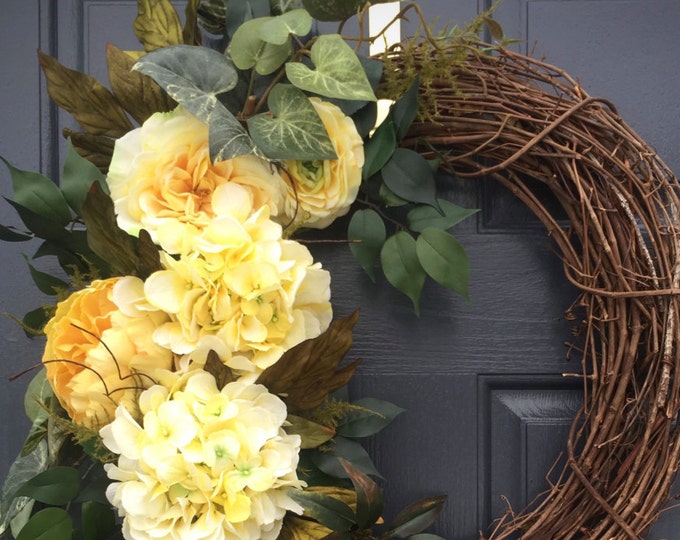 Hydrangea Wreath Yellow Spring Yellow Wreaths Spring Door - Etsy