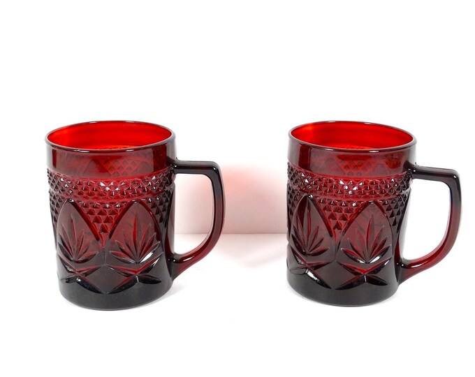 Vintage Ruby Red Glass Mugs - Set of 2 Dark Red Glass Mugs Luminarc ...
