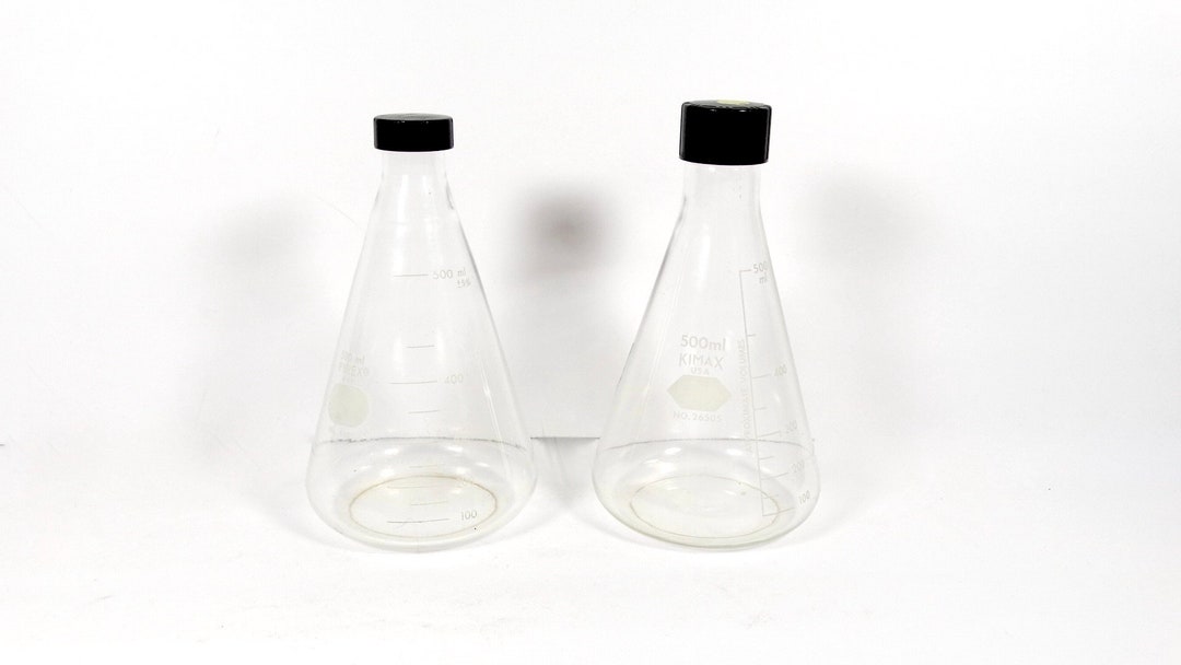 Set of 2 500 Ml Flasks, Kimax and Pyrex Chemistry Erlenmeyer Flasks ...