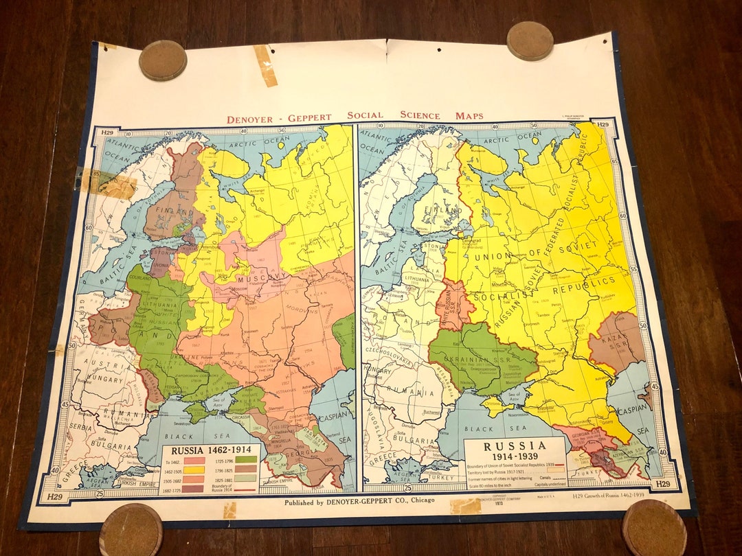 1973 Denoyer Geppert Wall Map Growth of Russia 1462-1939 Denoyer ...