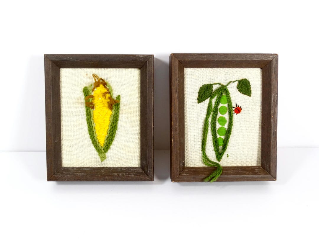 Cute 70s Crewel Vegetables - Set of 2 Framed Vintage Crewel Embroidery ...