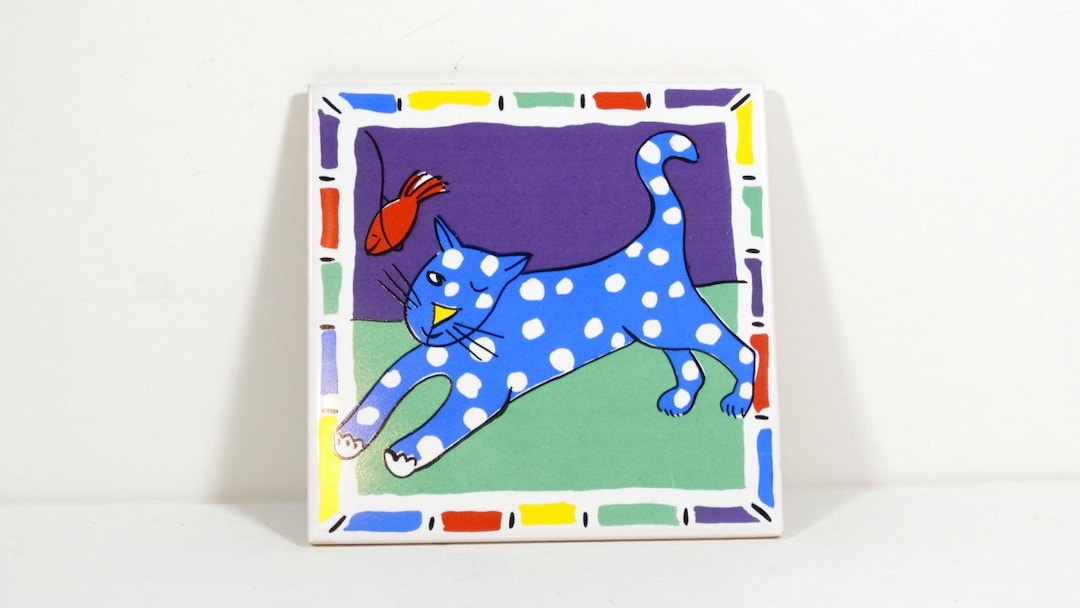 Cute Cat 80s Cat Trivet Vintage Cat Tile Trivet - Portugal - Blue Cat ...