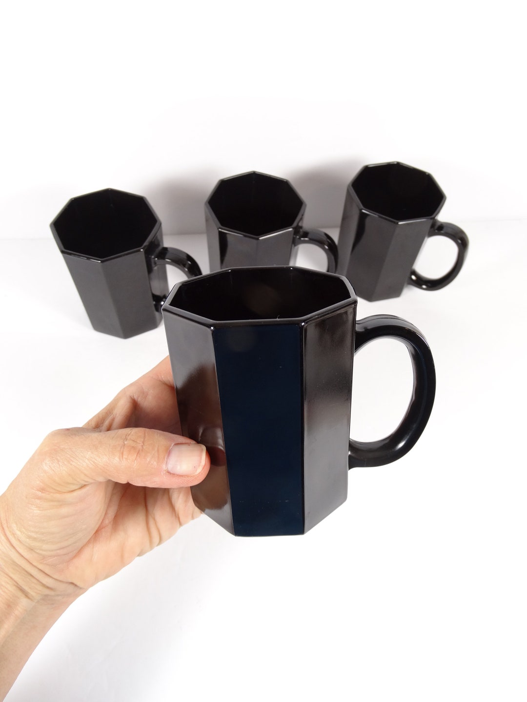 1980s Arcoroc Black Octagonal Mugs - Set of 4 Black Glass Mugs ...