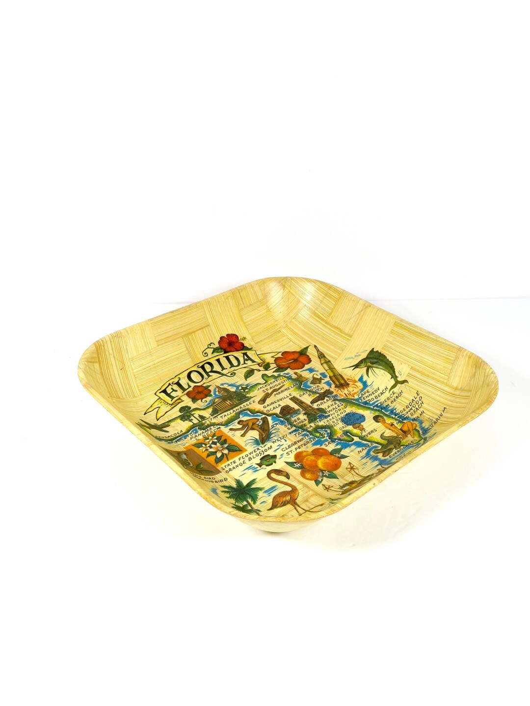 Vintage Woven Bamboo Bowl Kitsch Florida Souvenir Bowl Bamboo Florida ...