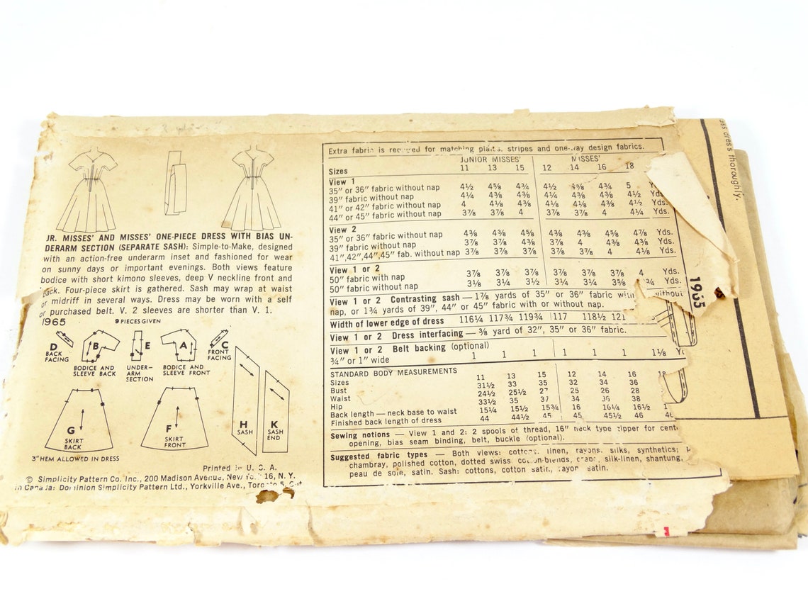1957 Simplicity Dress Pattern - Simplicity 1965 Pattern Size 14 34 ...