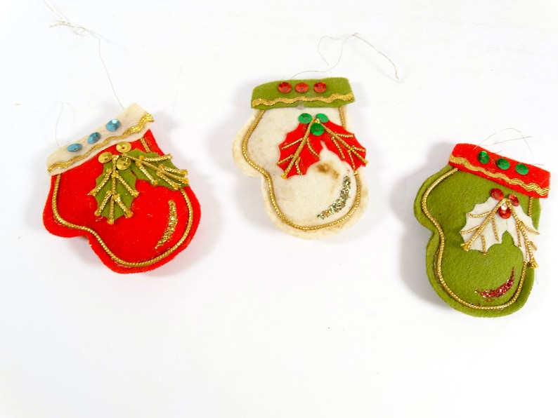 1960s Mitten Christmas Ornaments - Set of 3 Felt Mitten Ornaments ...