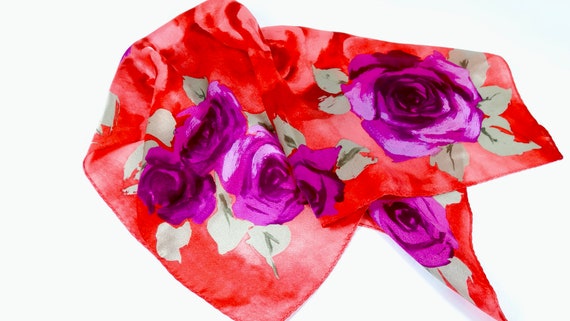 Vintage Square Silk Scarf - Roses Pattern Valentines … - Gem