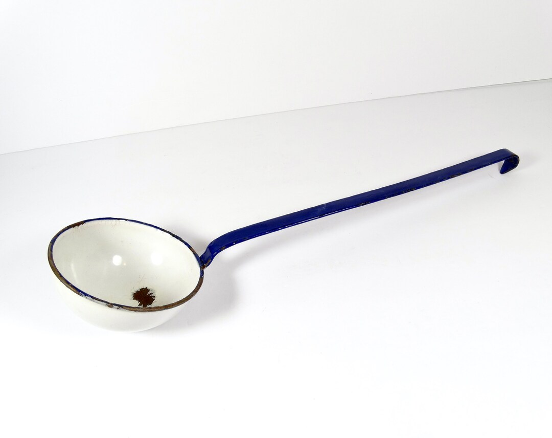 Vintage Enamel Ladle - White and Blue Ladle Enamelware Ladle Rustic ...