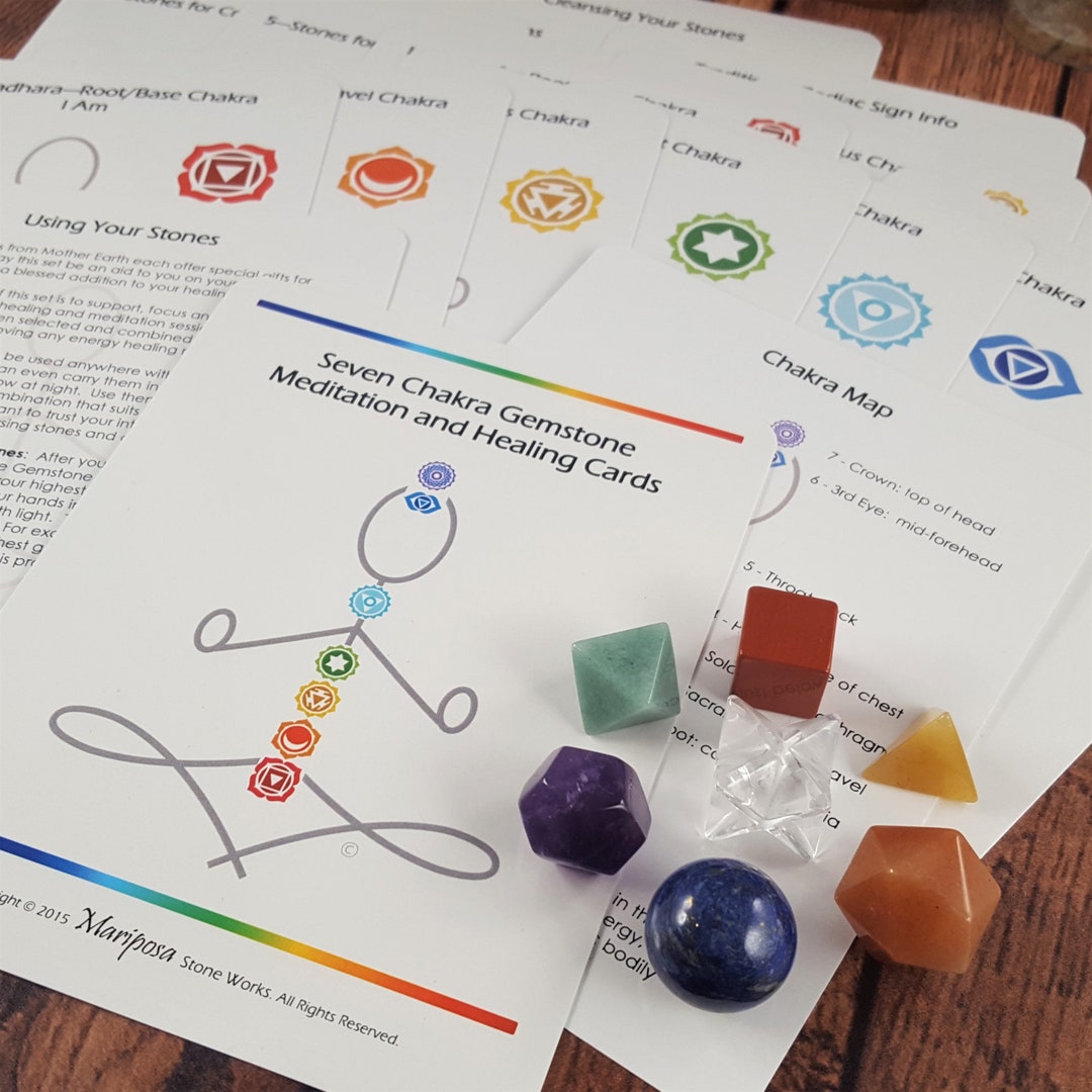 Sacred Geometry Stones, 7 Chakra Mixed Platonic Solids + Chakra Card ...