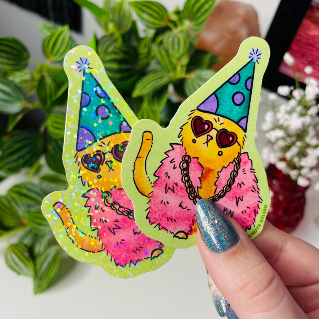 Party Cat Holographic Sticker, Handmade Waterproof Sticker, Funny ...