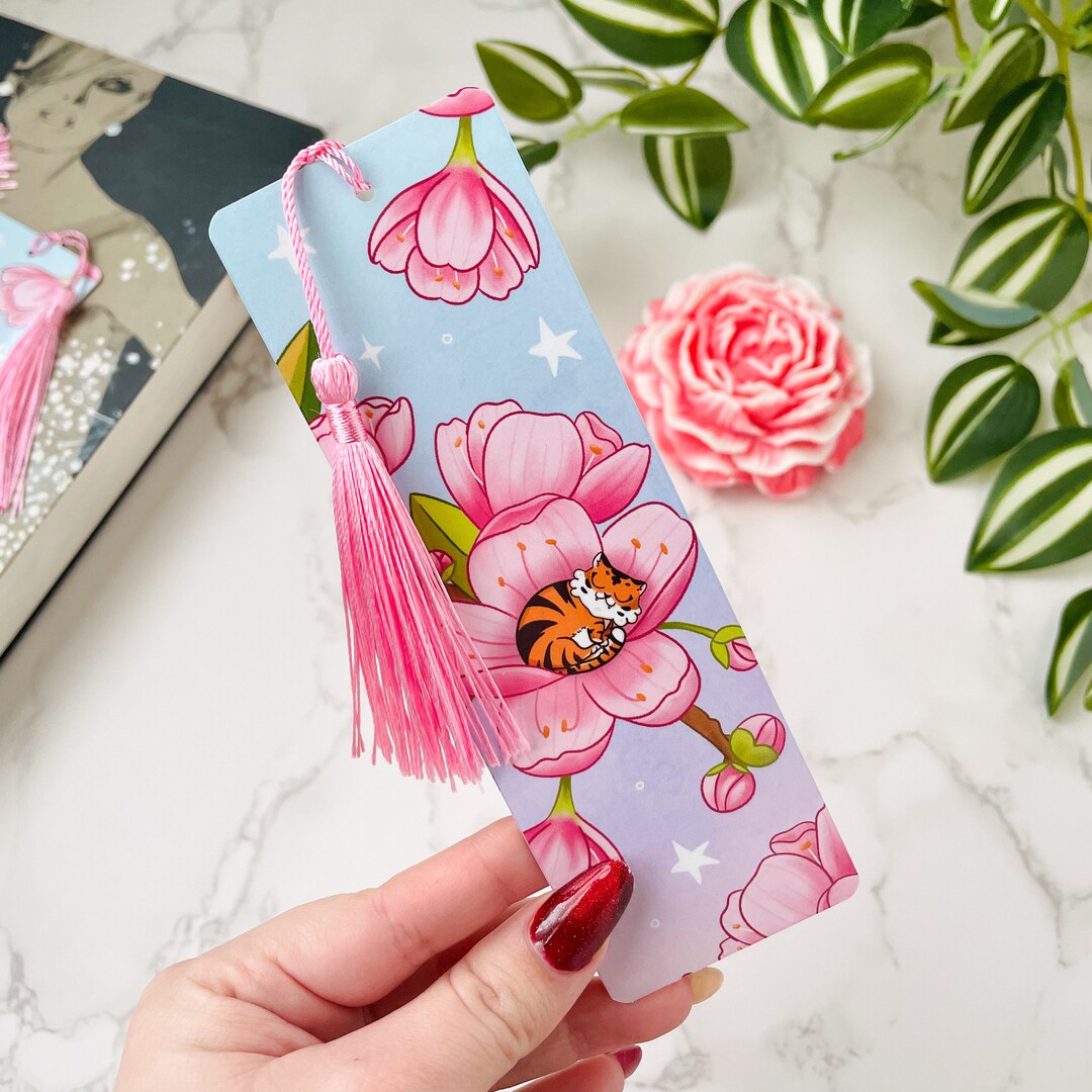 Cherry Blossom Bookmark: Sleeping Tiger, Pink Tassel (6x2 In) - Etsy