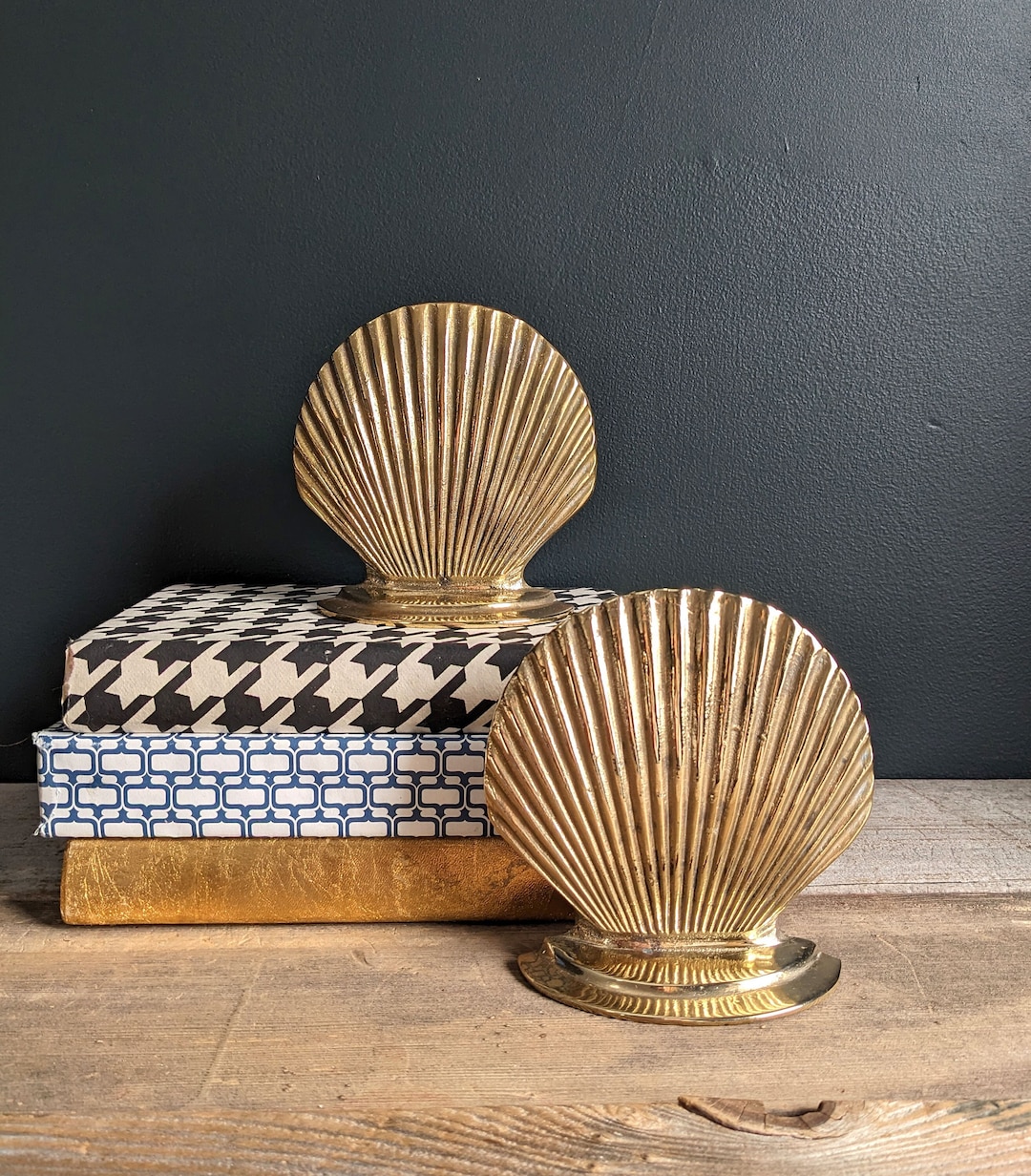 Vintage Brass Bookends Gold Sea Shell Coastal Decor Mid Century Home ...