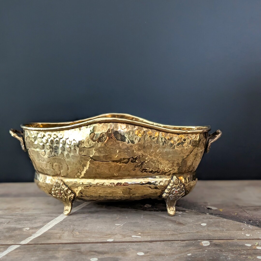 Vintage Hammered Brass Planter Brass Footed Pot With Handles Boho Home ...