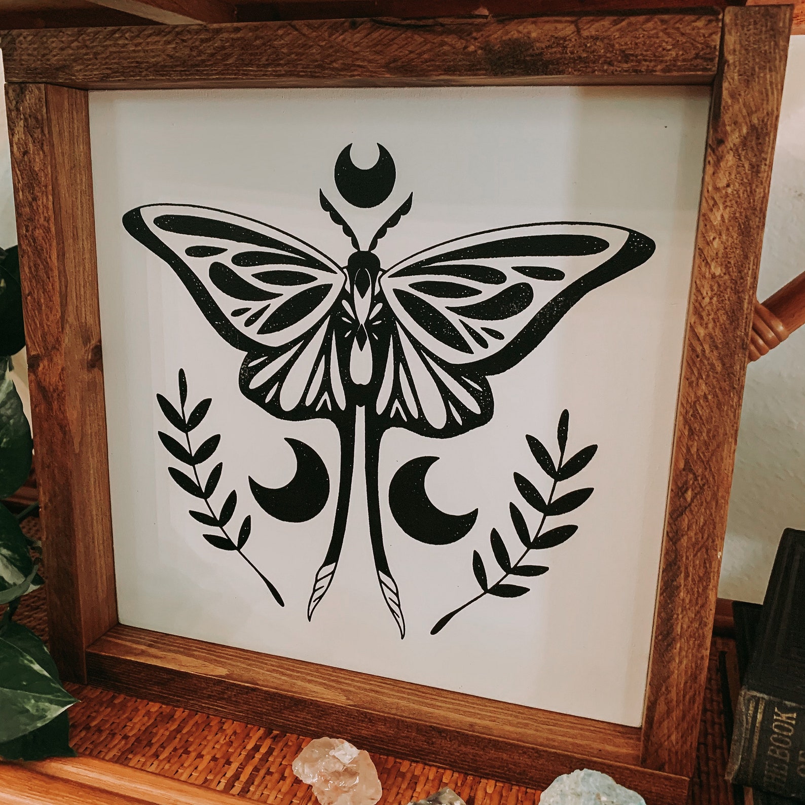 Wood Sign Moth Boho Wall Sign Office Sign Wooden Wall Decor Moon Hippie ...