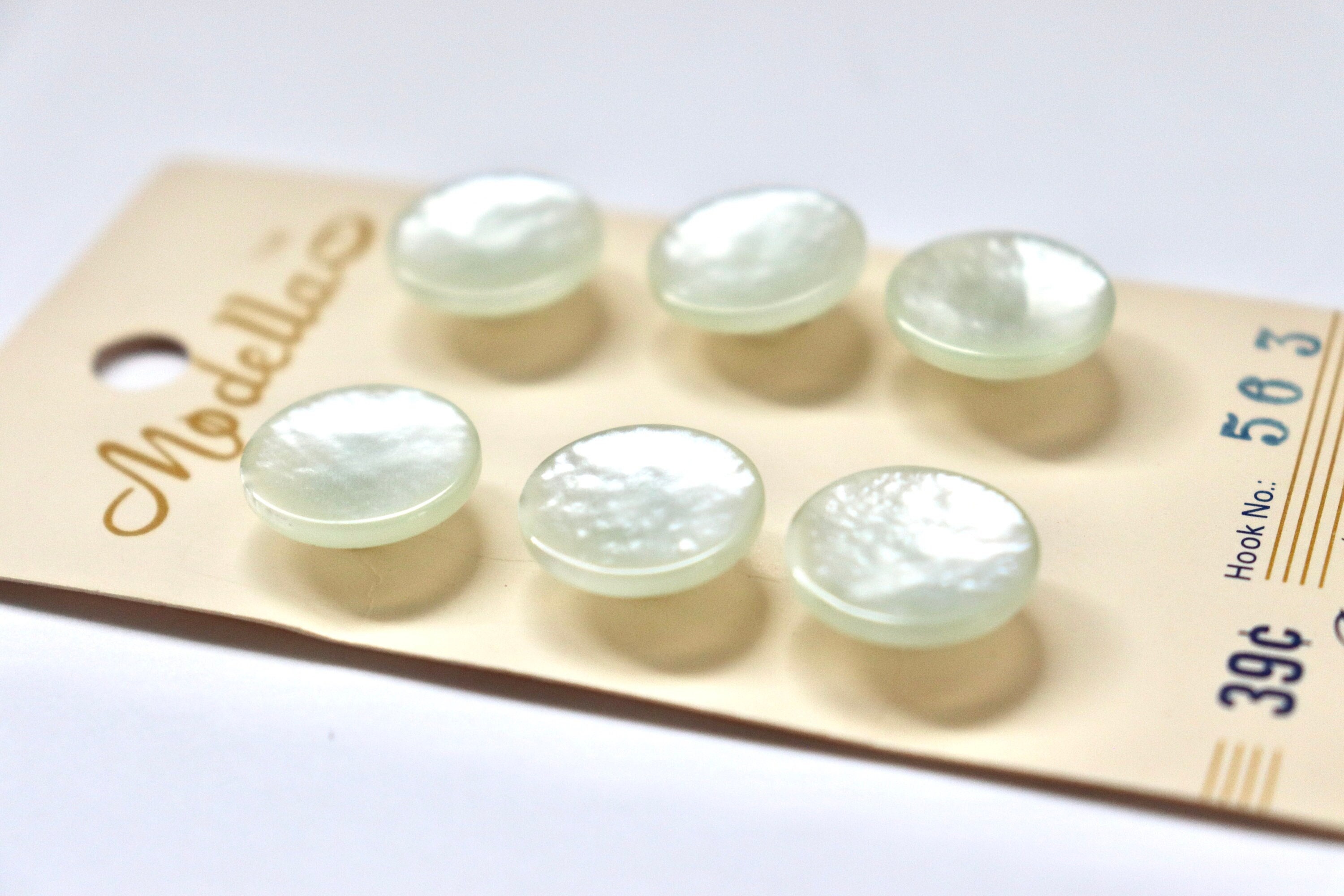 Shiny Pearl White Plastic Buttons - Vintage Shank Set of 6 on Original ...