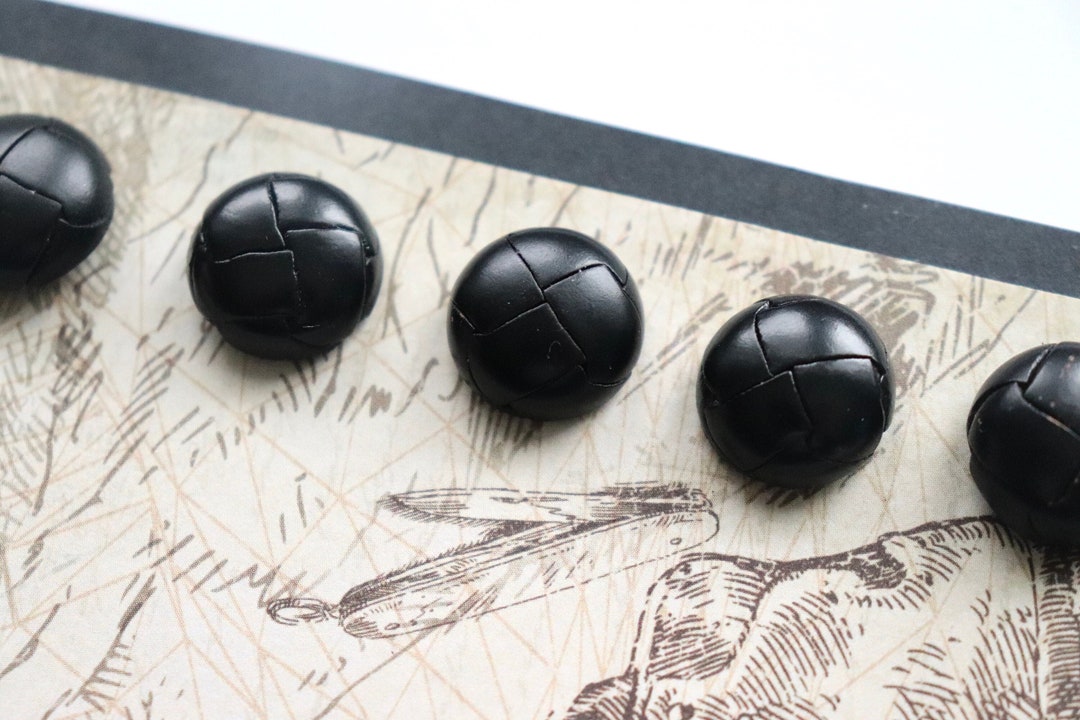 Black Genuine Leather Buttons - Vintage Set of 5 With Metal Loop - 14mm ...